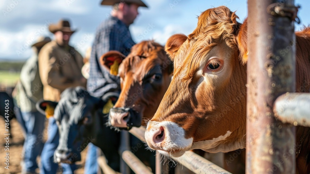 An action shot of farmhands administering vaccinations to cows in a ...
