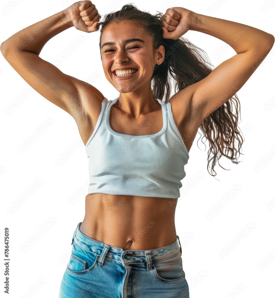 Cheerful young woman showing strength by flexing arm muscles cut out ...