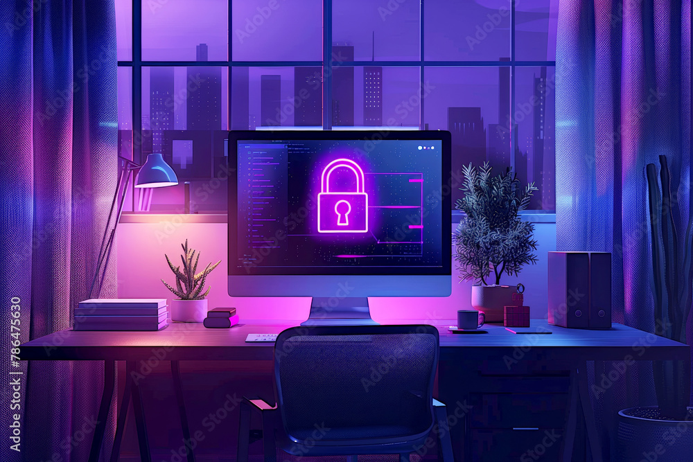 Black background, desktop computer with lock symbol on the screen ...