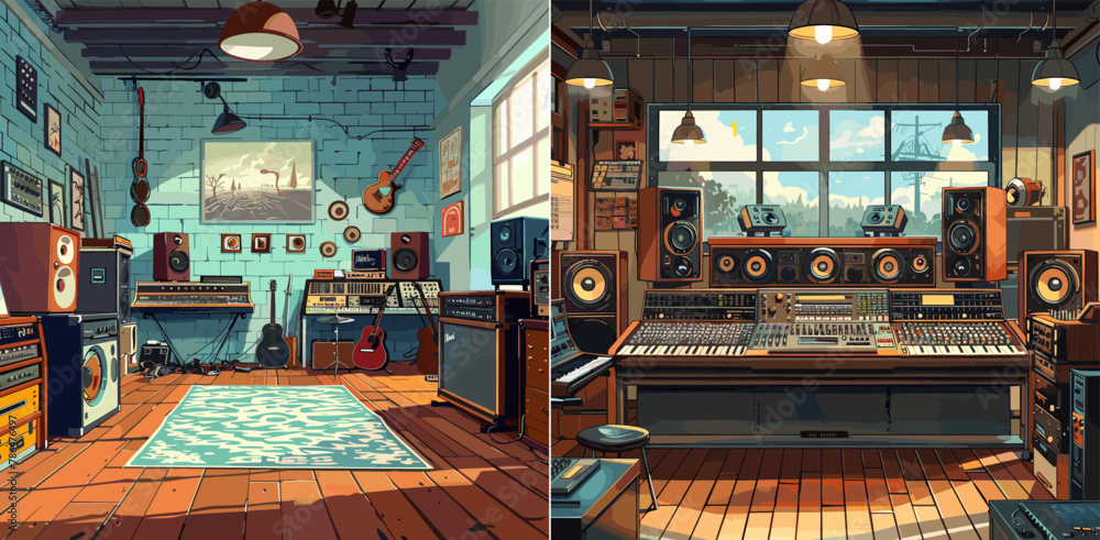 Sound recording studio cartoon vector illustrations. Empty room window ...
