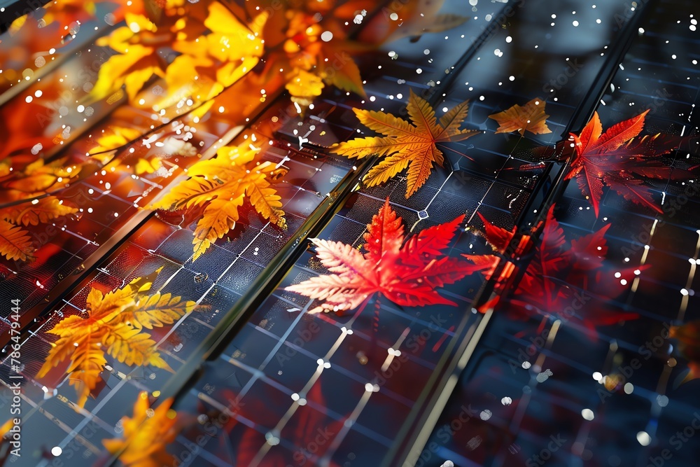 Capture a hyper-realistic image of a solar panel split into four ...
