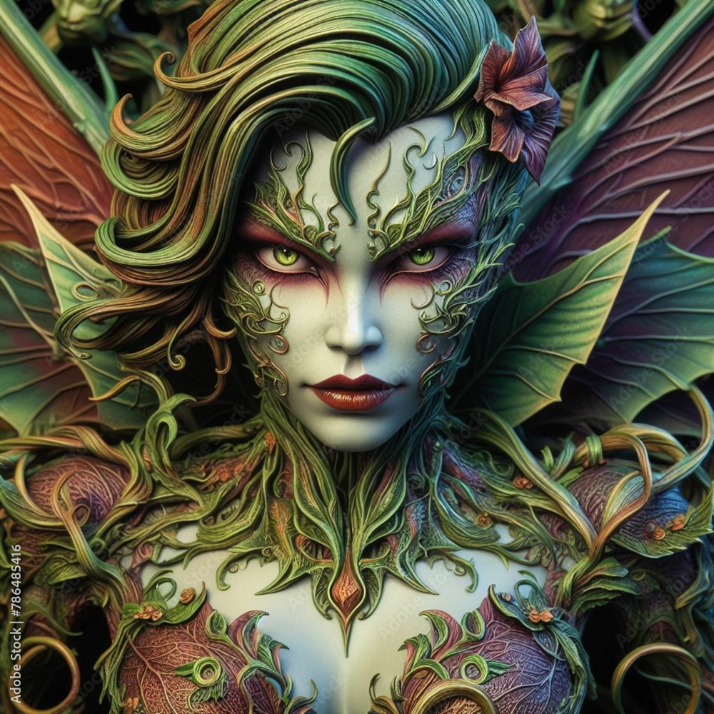 Ilustração 3D de uma mulher fantasia com pele verde e cabelo ruivo ...