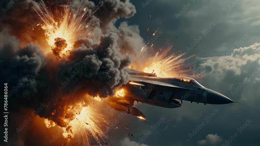 Fighter plane explodes in mid-air. violent explosion Smoke from the ...