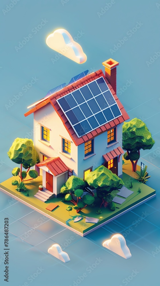 Illustrate a French suburban house powered by solar panels with a worms ...