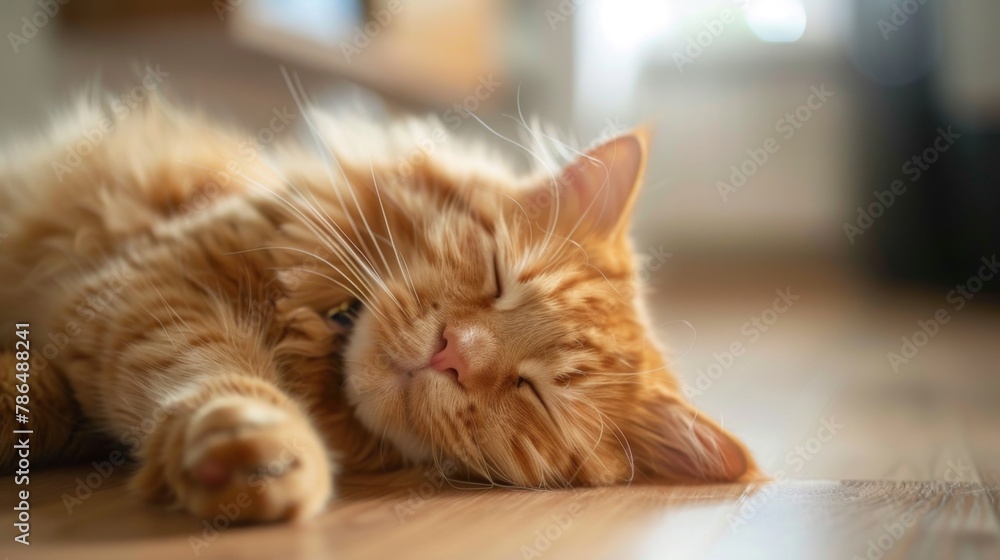 Cat sprawled comfortably on the floor, with a close-up that blurs the ...