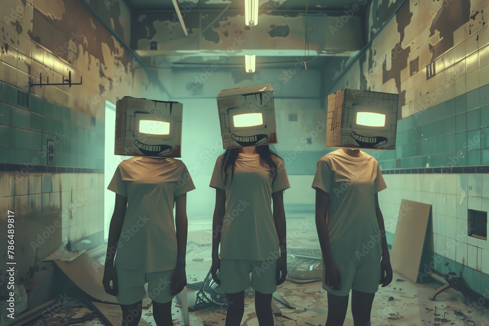 Produce a digital rendering of three characters wearing box heads ...