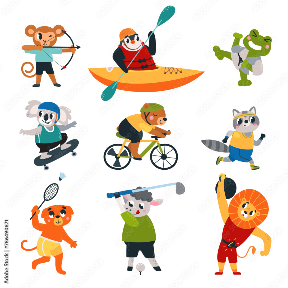 Cartoon athletic animals. Sport animal with equipment and tools ...