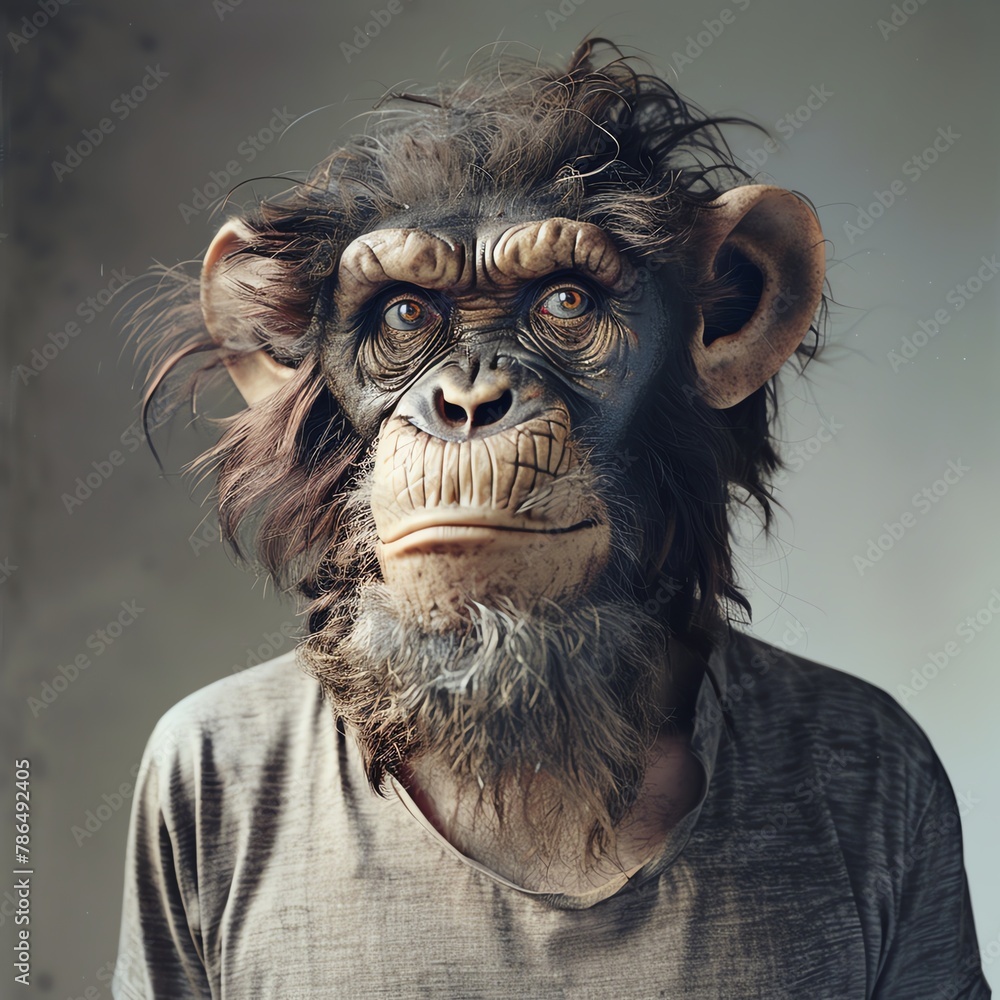 Use a high-resolution studio shot to depict a man-monkey hybrid with a ...