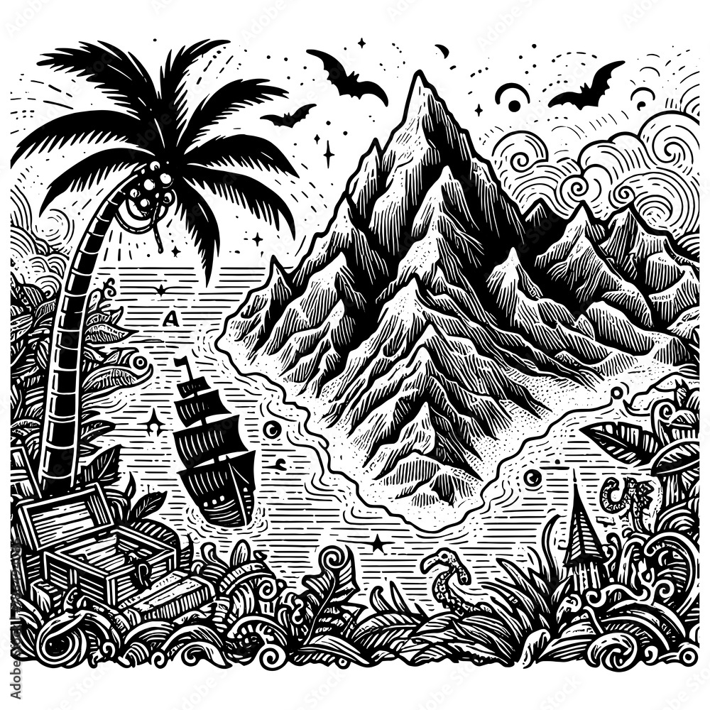 tropical scene with mountains, a palm tree, treasure chest, and a ...