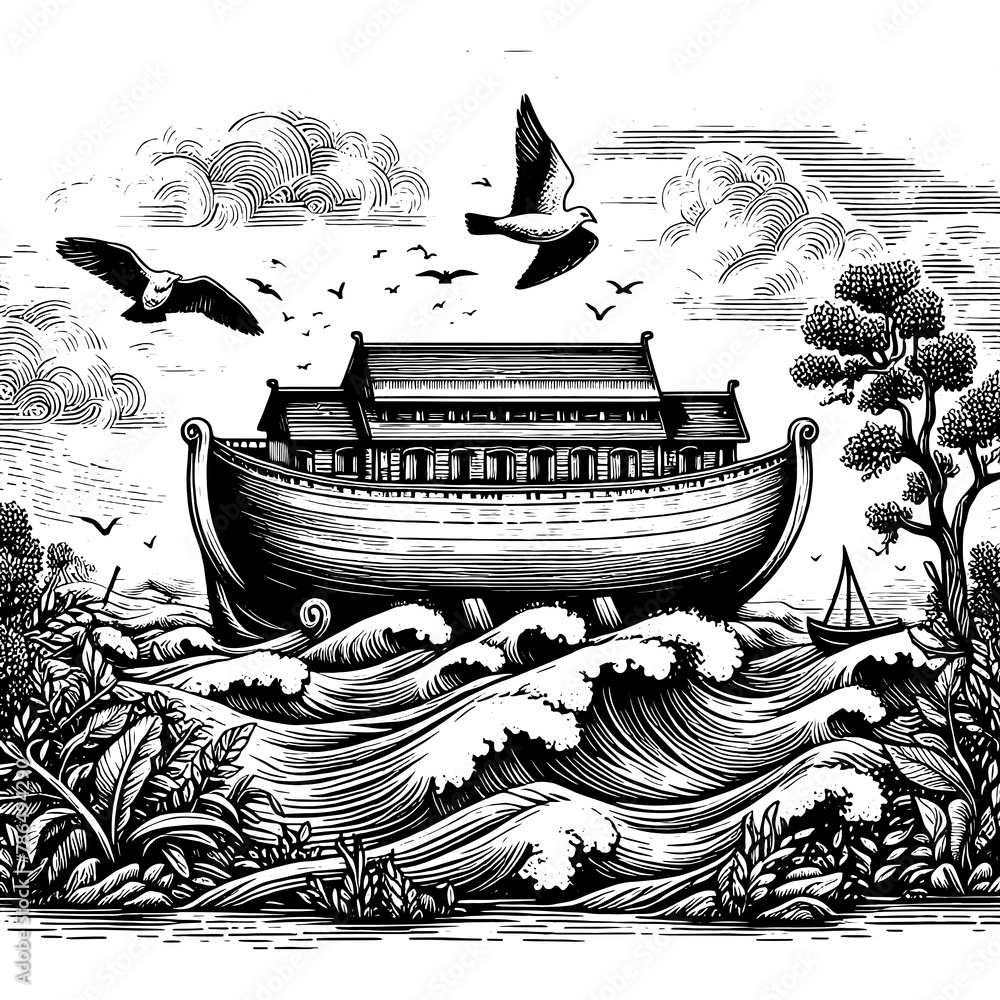 Noah Ark, a biblical boat ship vessel, resting on water with two doves ...