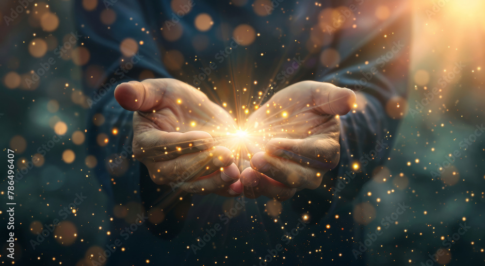 Hands, bokeh and holographic with person of light for support, prayer ...