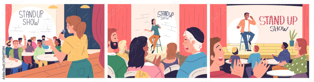 Comedians on stage. Stand-up comedian monologue and laughing audience ...