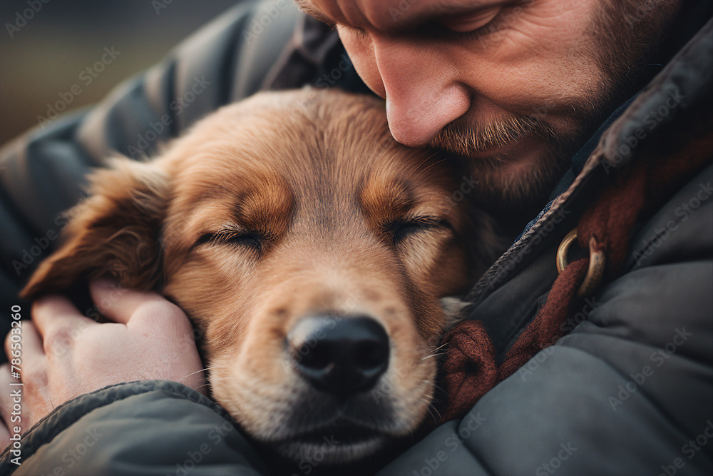 Portrait of a happy man hugging his best friend animal pet created with ...