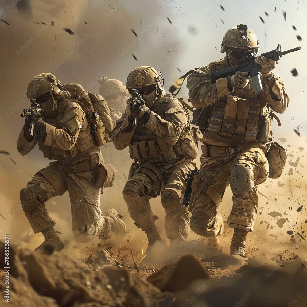 army soldiers fighting with guns and defending their country. In ...