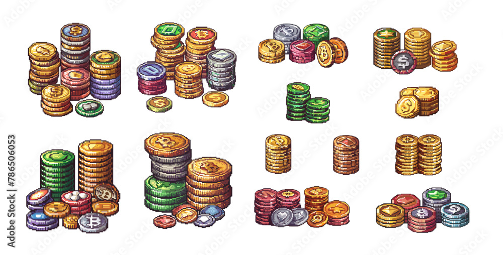 Coins stacks pixel art vector set. Currency crypto chips packs video ...