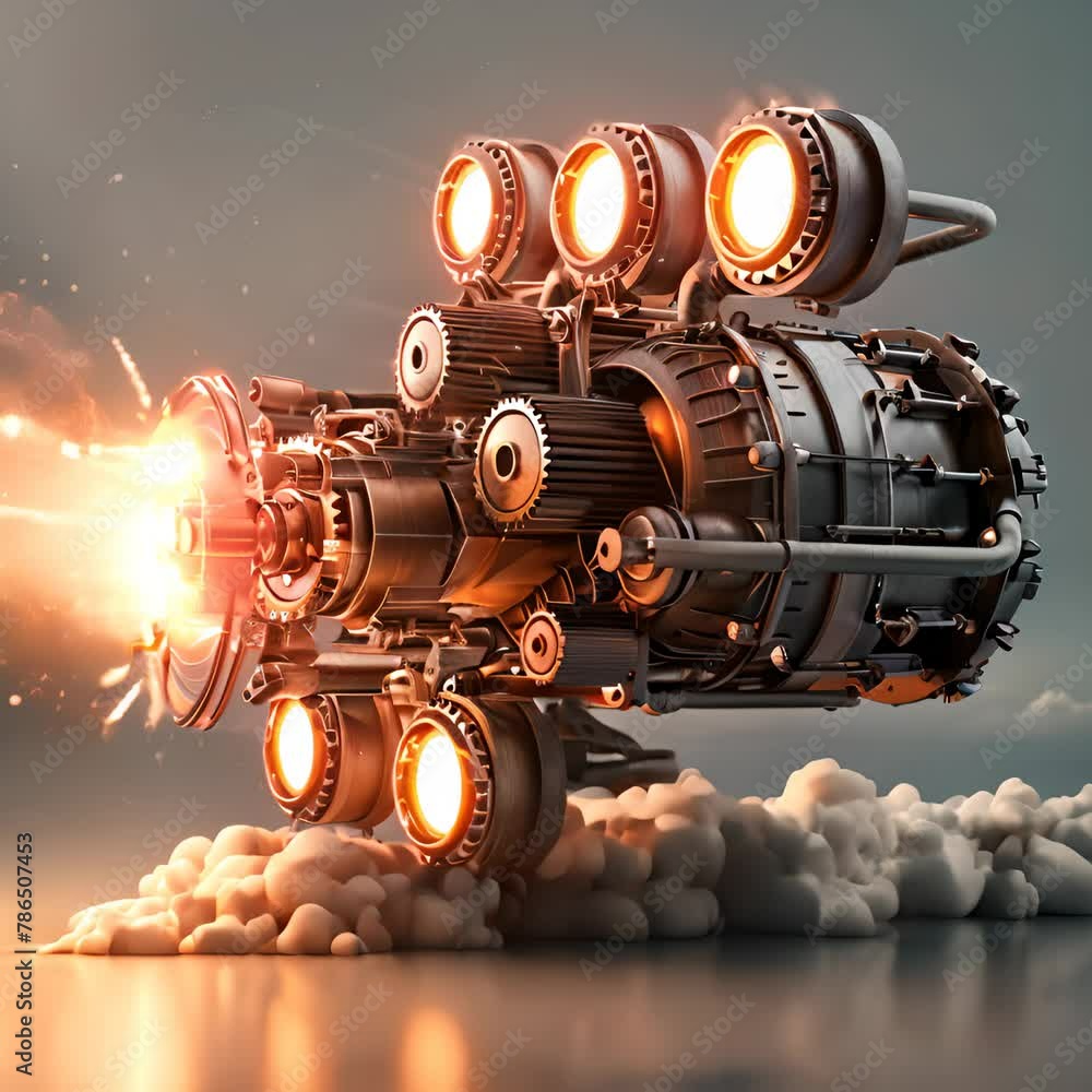 A futuristic multi-nozzle rocket engine ignites, soaring above clouds ...