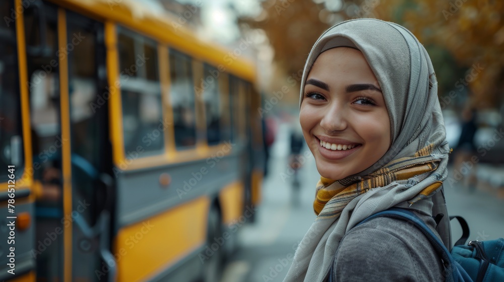 Smiling student muslim teenage girl ready to board school bus next to ...