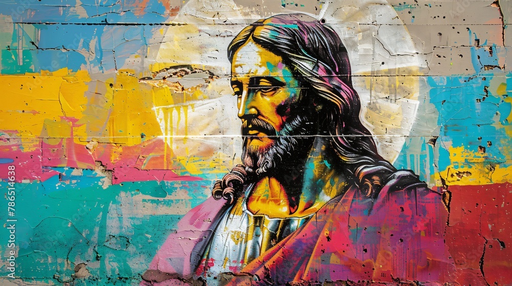 A wall transformed by a graffiti depiction of Jesus Christ abstract and ...