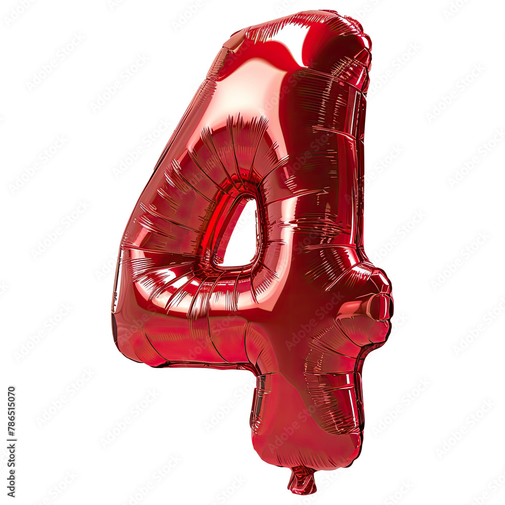 Number 4 red metallic inflatable balloon cutout png isolated on white ...