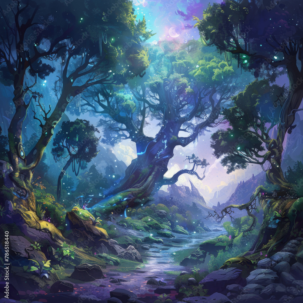 Fantasy drawing of imaginary universe. Old trees, adventure setting ...