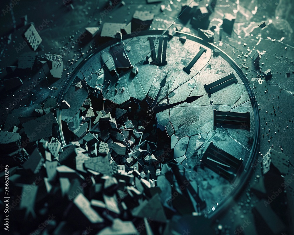 Broken Clock, A shattered clock face, with pieces scattered, suggesting ...