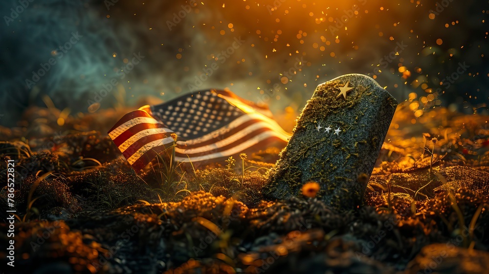 Field of American Flags besides tombstone on Memorial Day. In remember ...