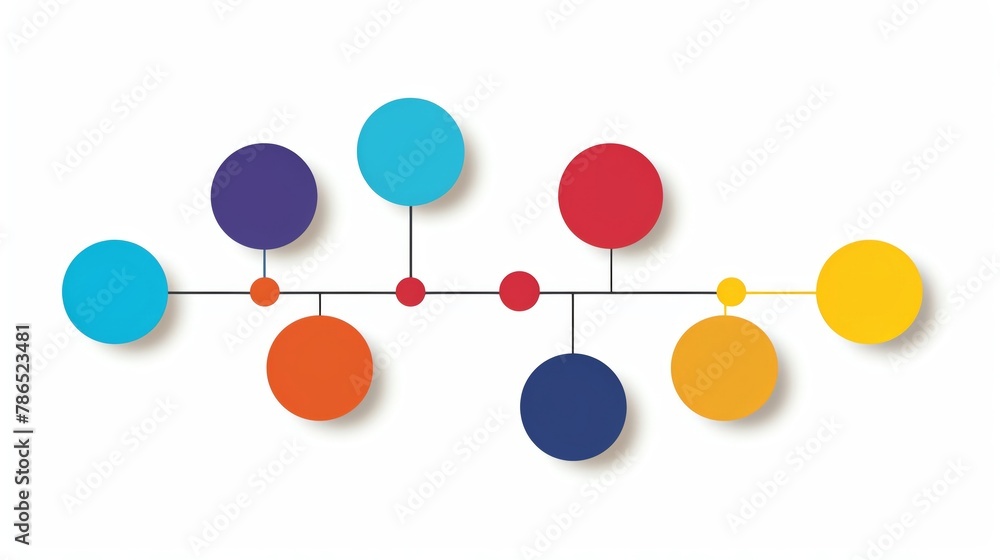 5 colorful circles connected by a thin line, forming a simple vector ...