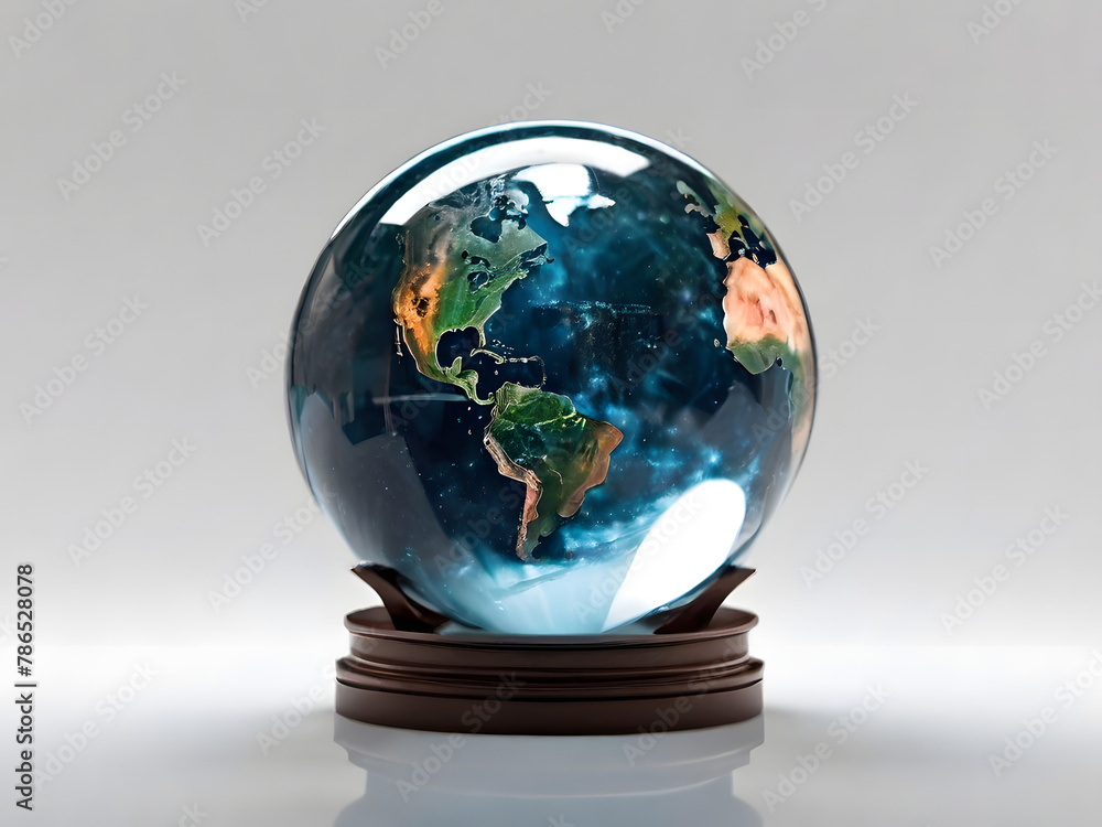 A realistic globe on a stand displaying a detailed and luminous Earth ...
