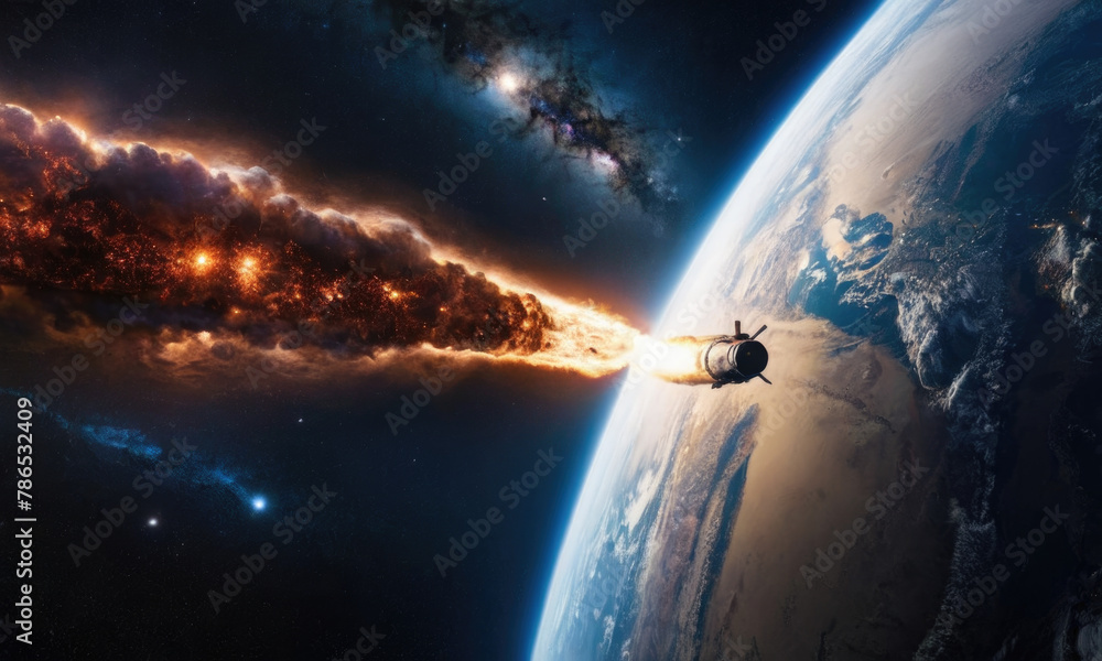 Spaceship rocket crash on the orbit of Earth planet with thin blue ...
