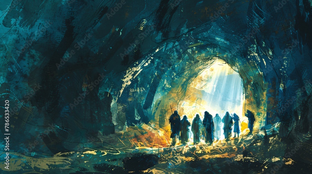 Resurrection morning followers find the empty tomb portrayed in a ...