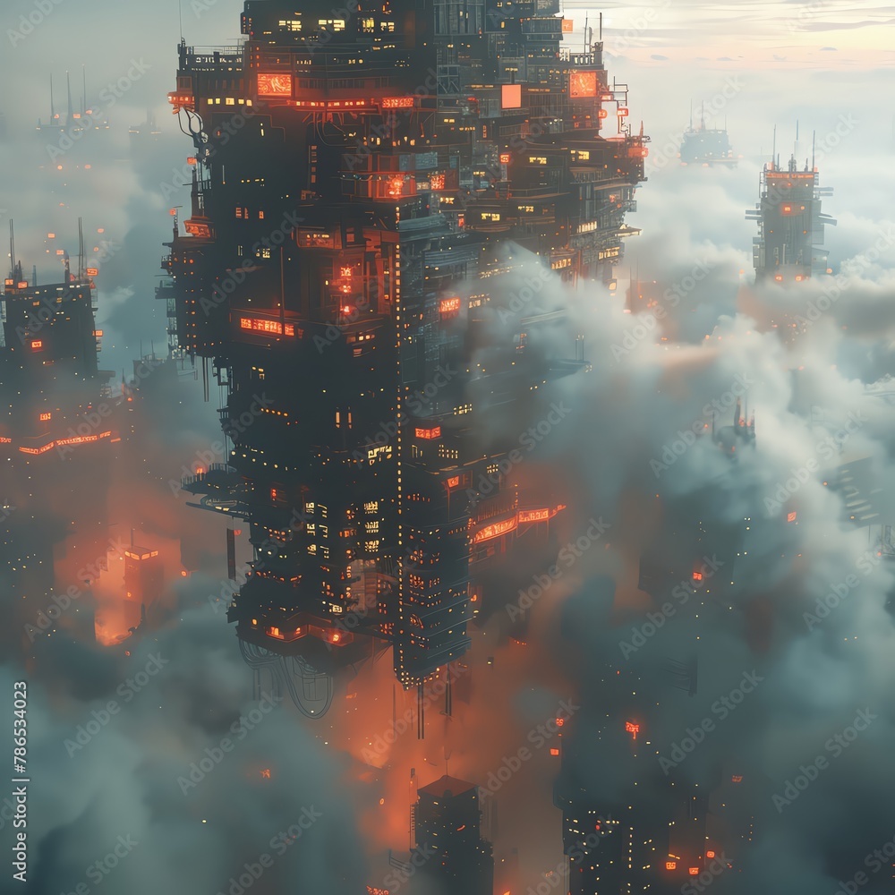 Bring to life a digital 3D rendering of a spooky floating city in the ...