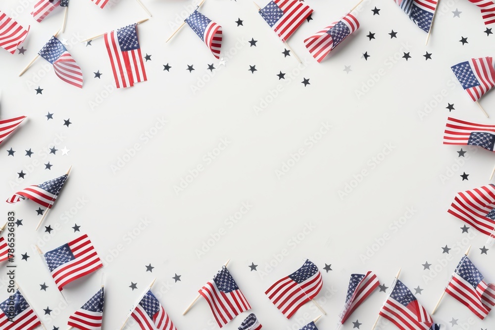 A white background with a bunch of American flags and stars. The flags ...