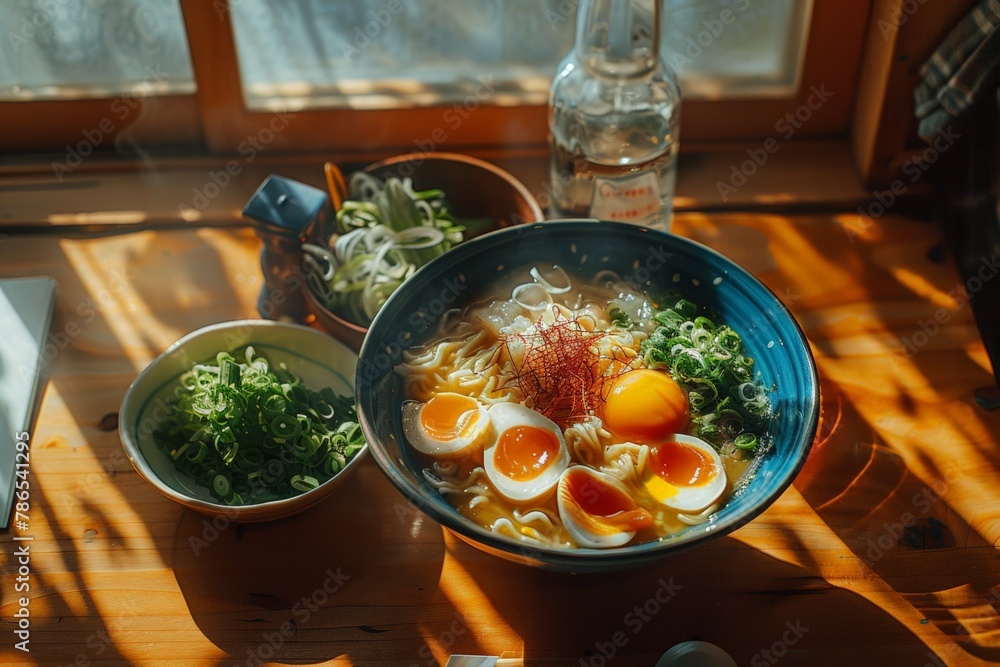Ramen and side dishes, bowl of ramen, bursting with color from assorted ...