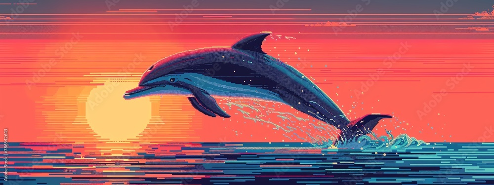 Illustrate a whimsical dolphin clipart in a pixel art style, showcasing ...