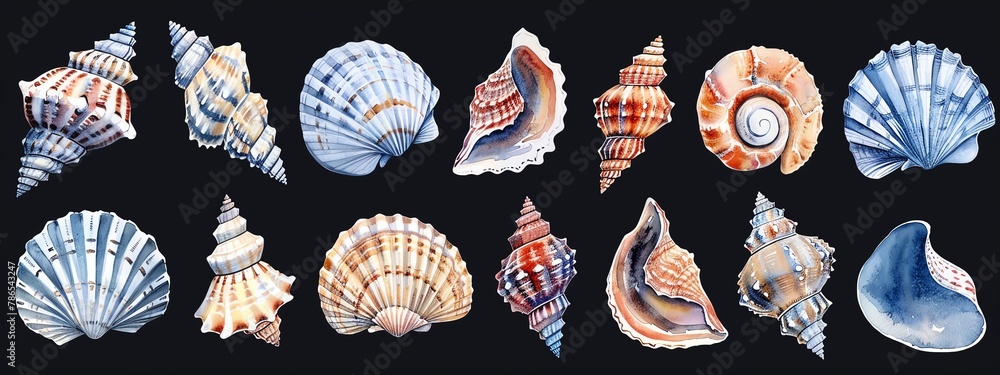 Produce a series of realistic watercolor seashell clipart in varying ...
