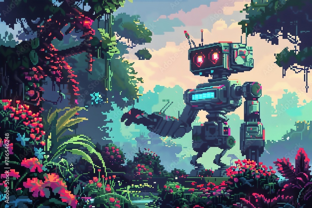Produce a pixel art piece featuring a whimsical and colorful robotic ...