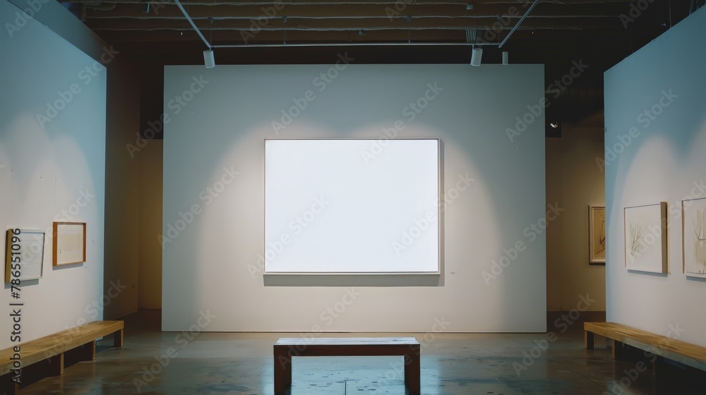 The stark white painting on the wall in a minimalist room is a blank ...