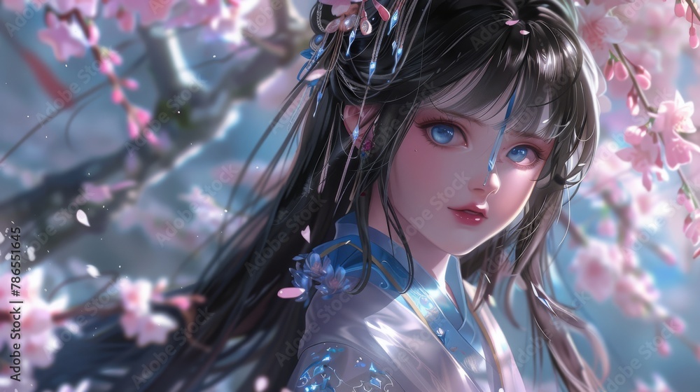 Drawing of a spring anime girl with blue eyes. Stock Illustration ...