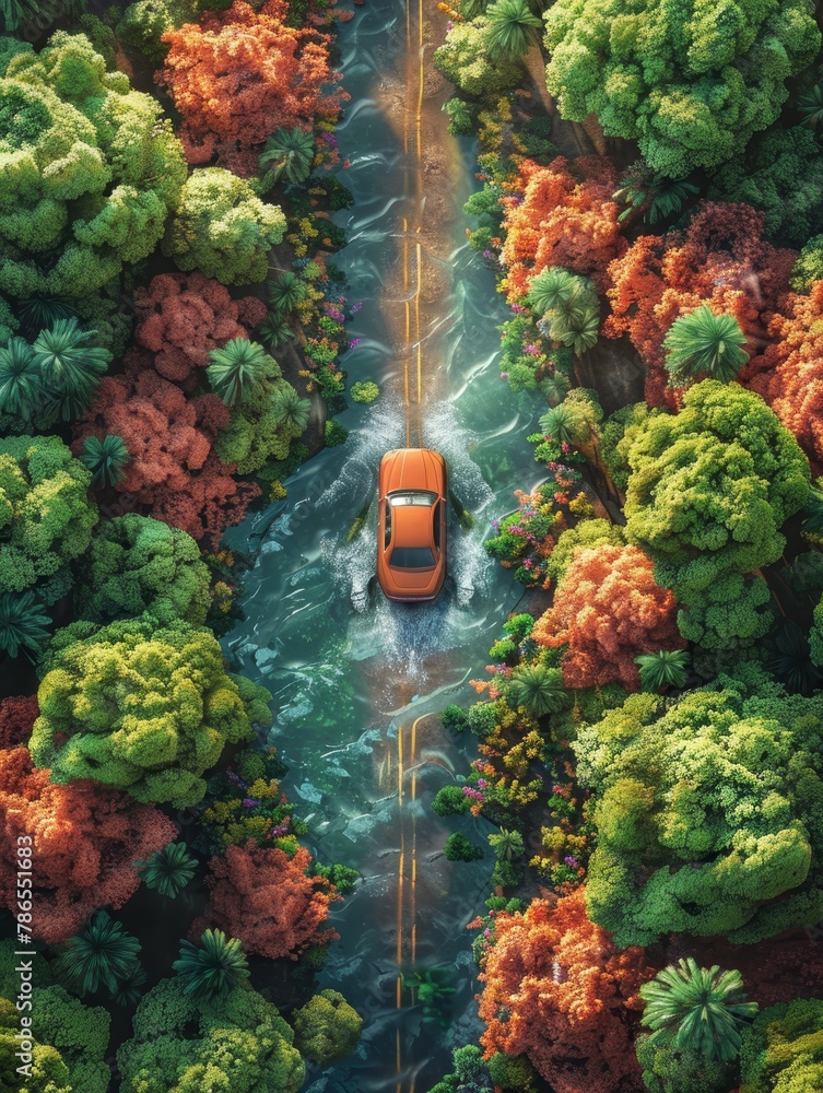 Vehicle half car, half boat drives on a road turning into a river, with ...