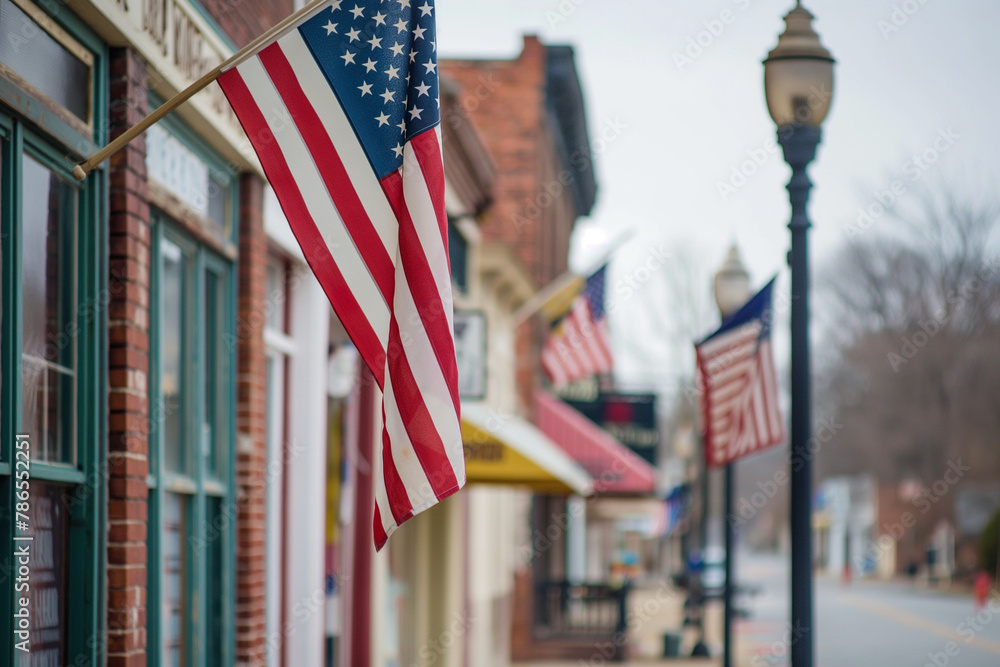 An American flag hanging from the lampposts of a quaint Main Street in ...