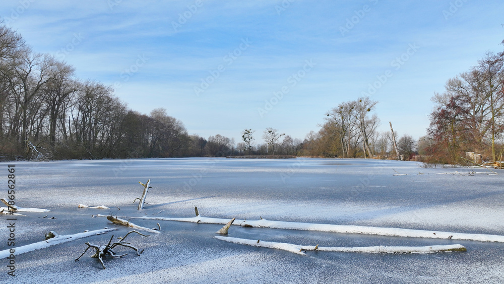 Ice pond wetland winter snow fens meadow, drone aerial lowland swamp ...