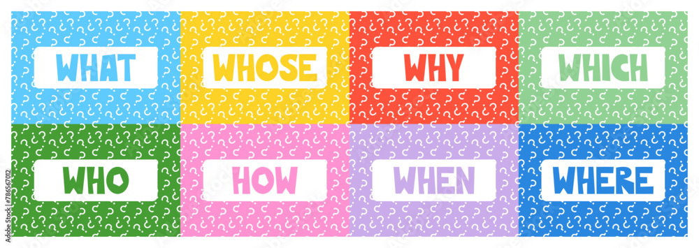 Question words flash cards colorful vector illustration collection ...