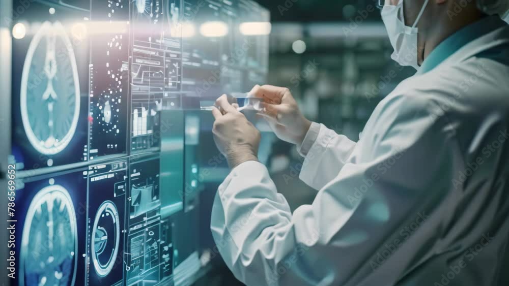 A man in a white lab coat is focused on studying MRI Videos displayed ...