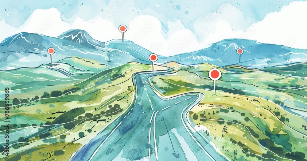 Line Art Illustration of Road Map with Journey Concept, Navigation ...