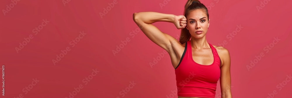 Confident woman displays powerful muscles on simple background, ideal ...