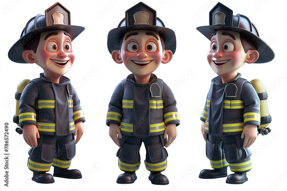 Set of 3D smiling, happy man, male firefighter in uniform. Different ...