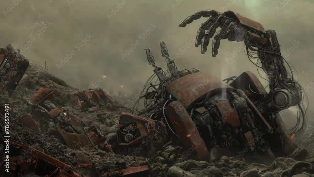 After the war, the wreckage of destroyed robots is smoking, science ...