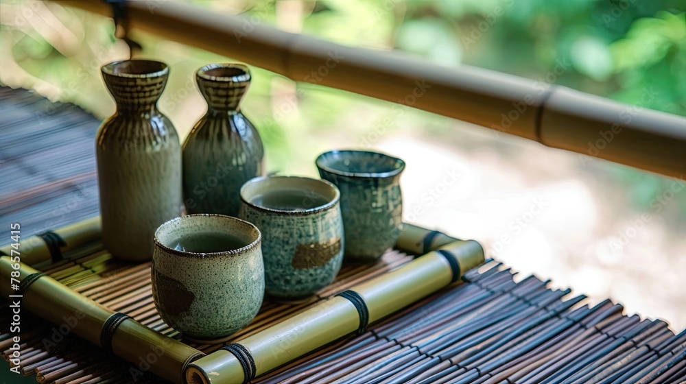 Set of Japanese sake with traditional ceramic cups and bamboo cane ...