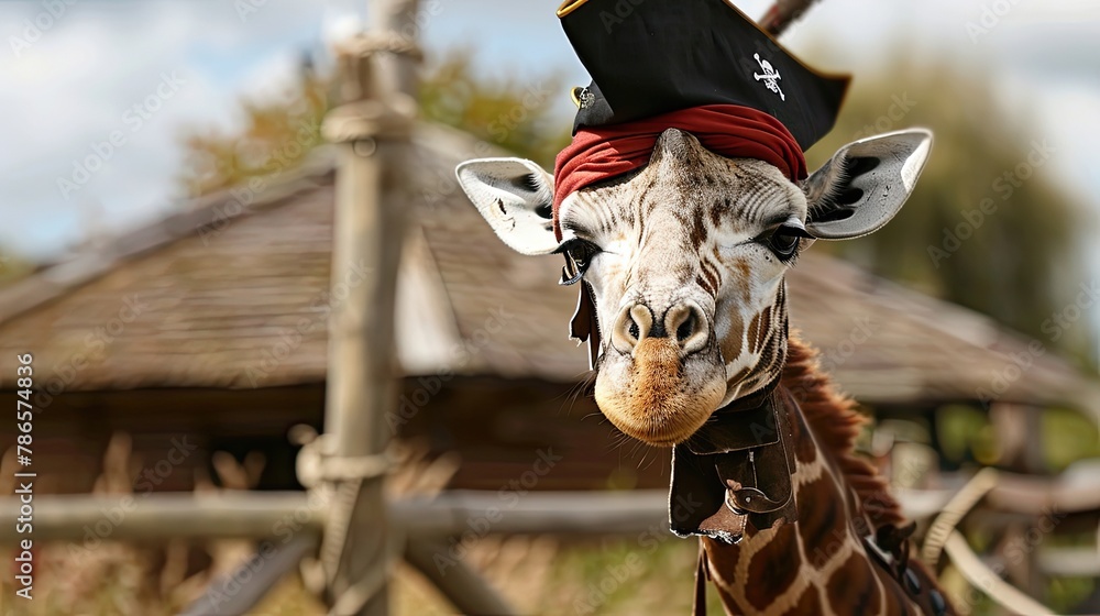Giraffe in a pirate costume. Mascot, wild animal, zoo, closeup, animal ...