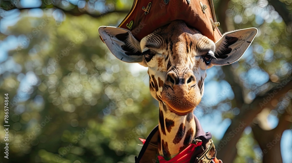 Giraffe in a pirate costume. Mascot, wild animal, zoo, closeup, animal ...